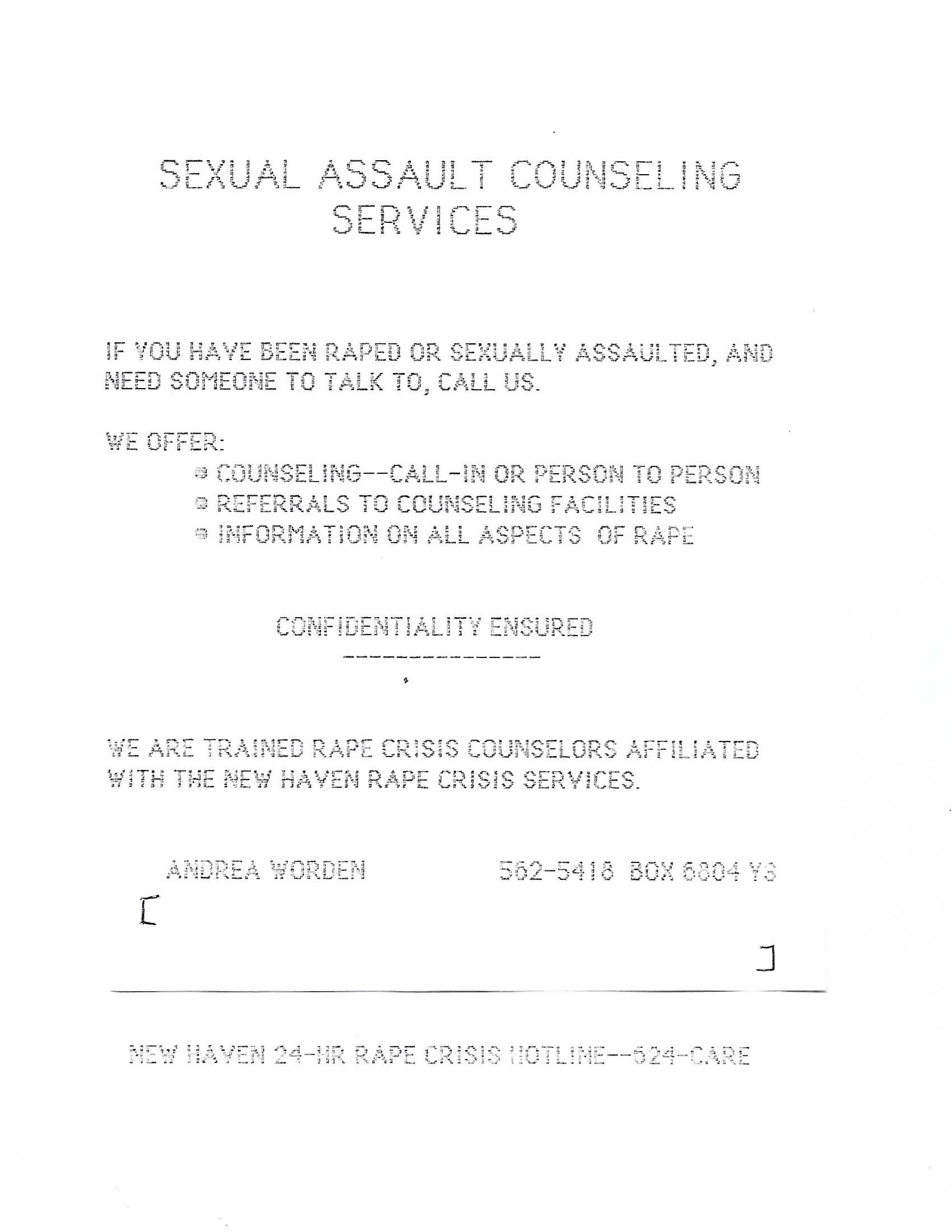 Sexual Assault Counseling Services (Co-founder, Yale 1986) | Andréa J ...